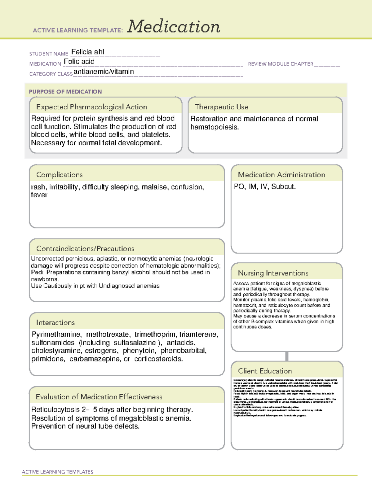 Folic Acid - Antianemic Medication Drug Cards (Med 101) - Studocu