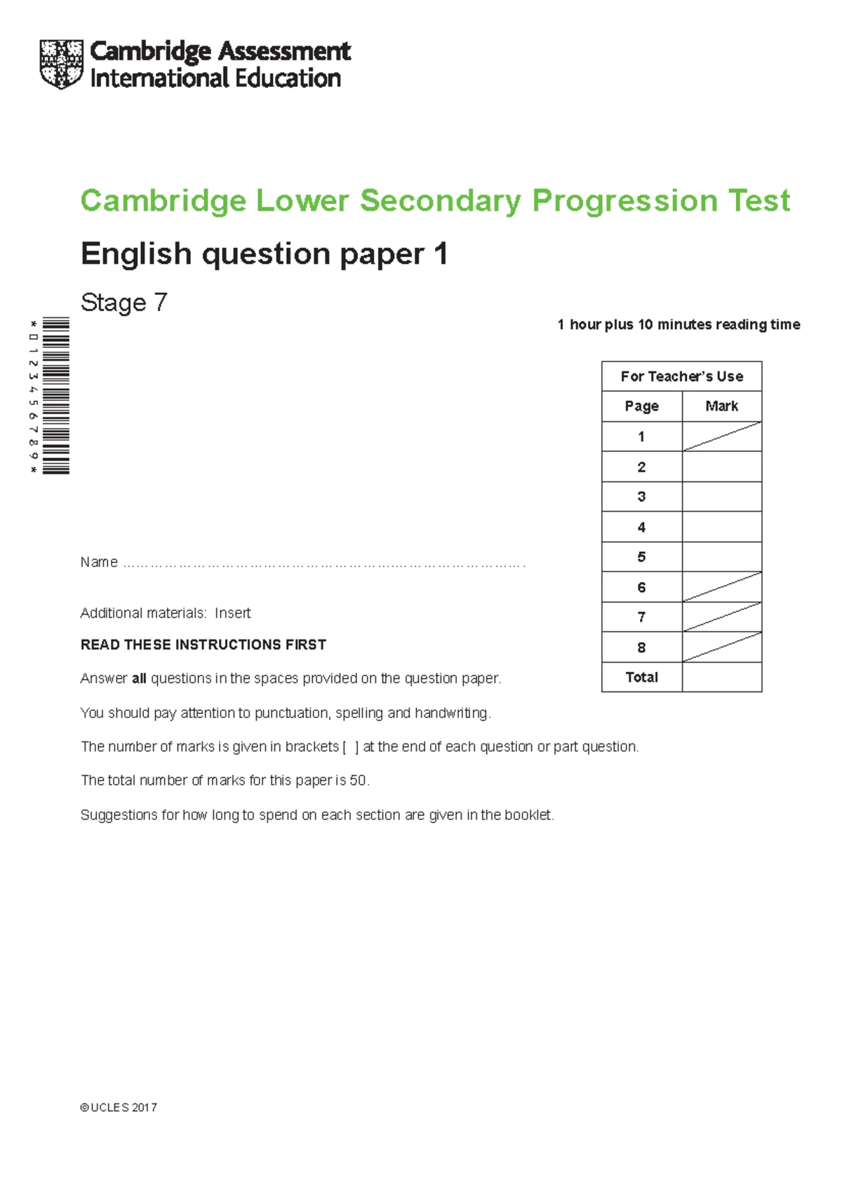 Cambridge Primary Checkpoint ENGLISH P1 Mark Scheme - Oct 2019 - Studocu