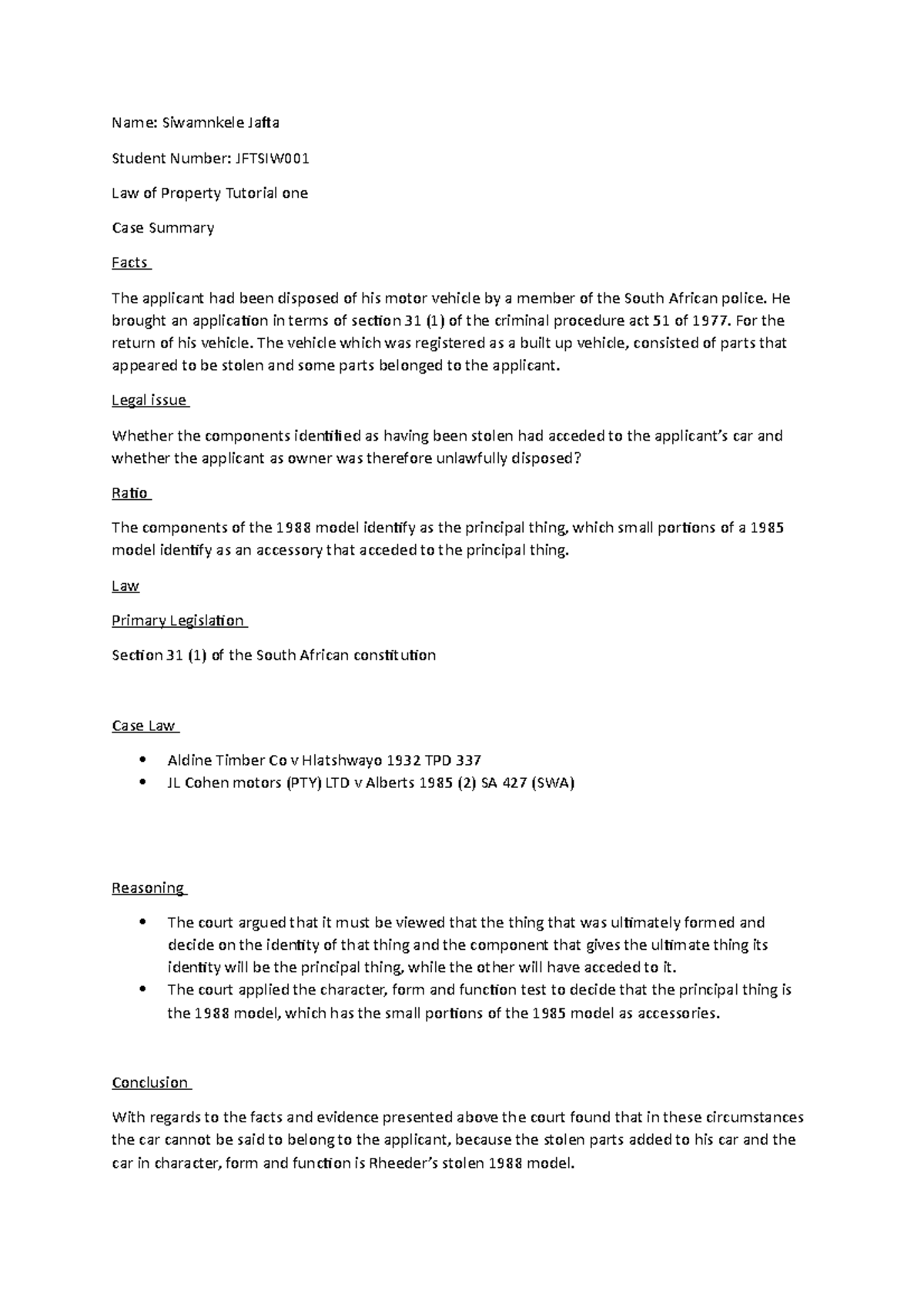 Law of Property Tutorial 1: Case Summary & Legal Analysis - Studocu