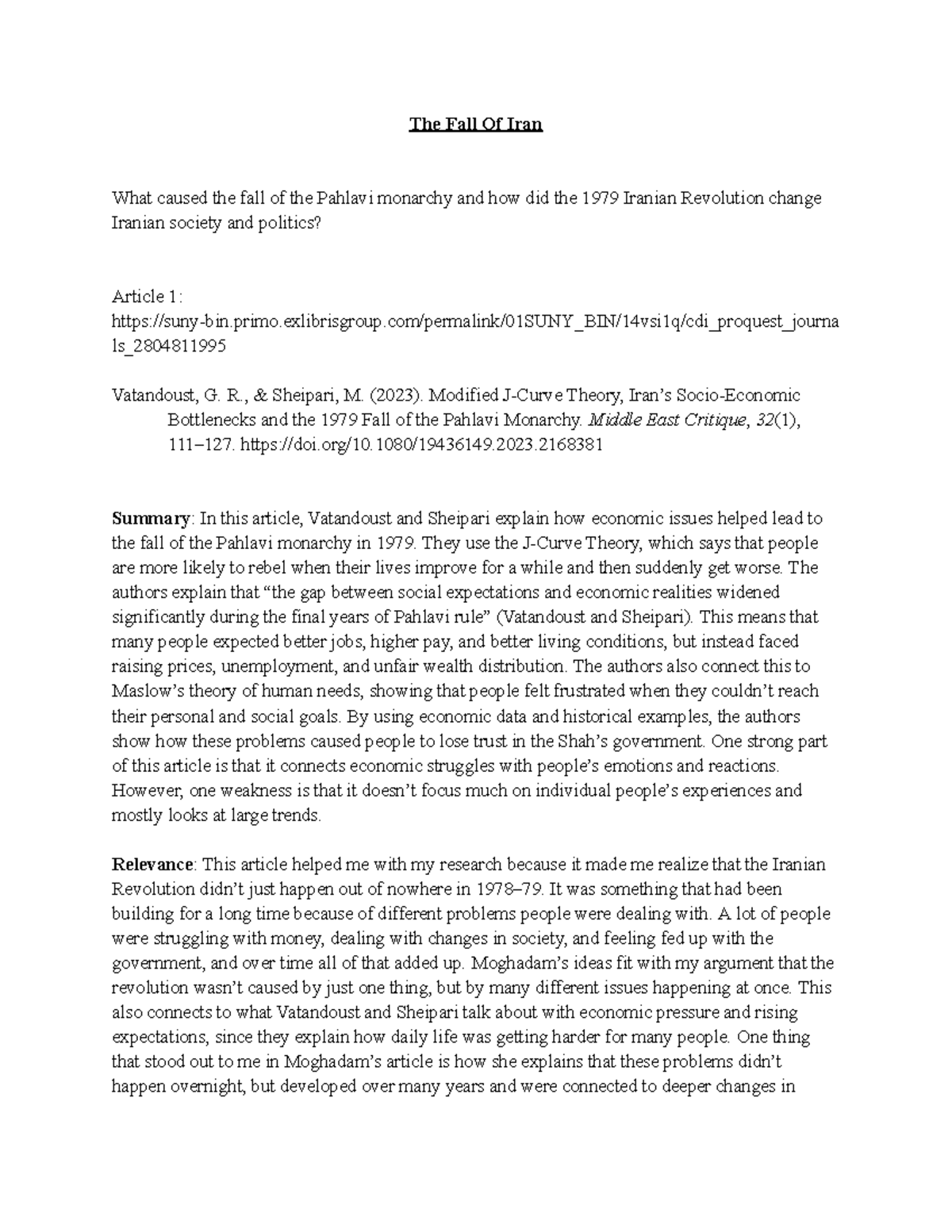 Annotated Bibliography: The Fall of the Pahlavi Monarchy and the 1979 ...