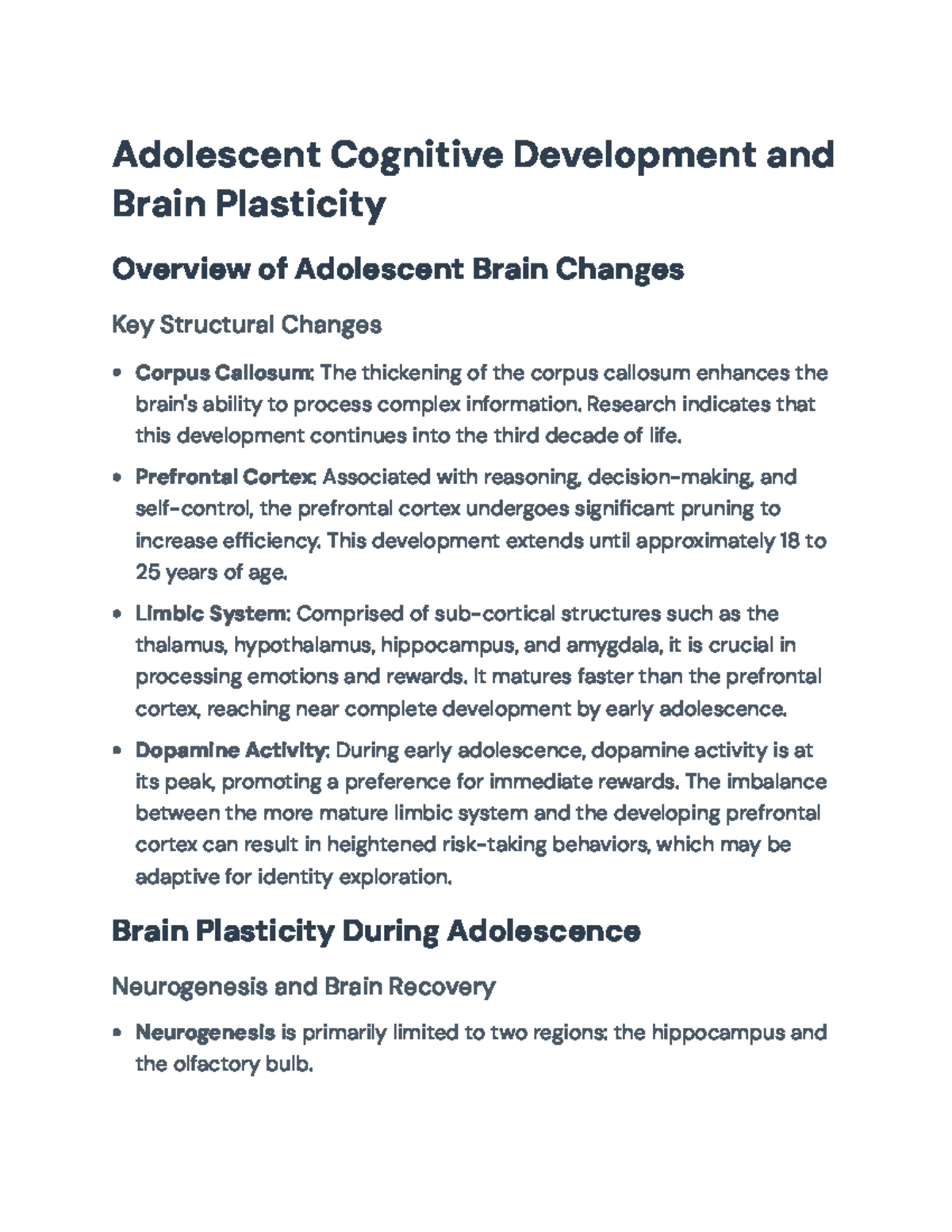 Adolescent Cognitive Development and Brain Plasticity Overview ...