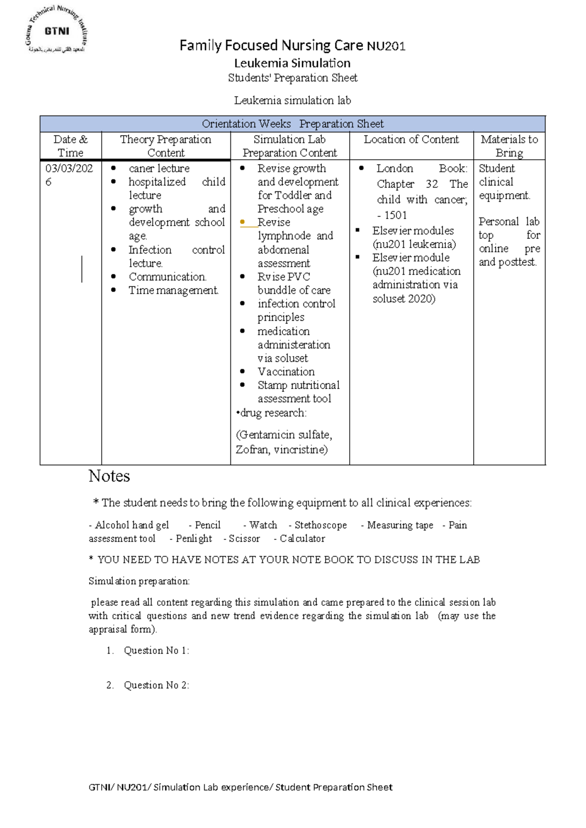 Family Focused Nursing Care NU201: Leukemia Simulation Prep Sheet - Studocu