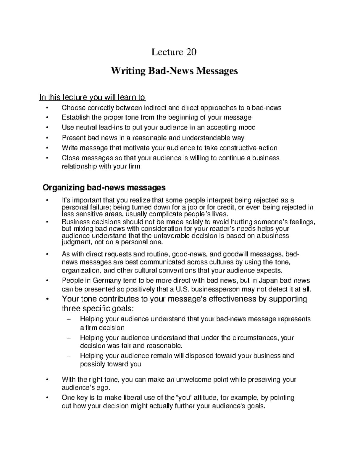 Lecture 20: Strategies for Writing Bad-News Messages - Studocu