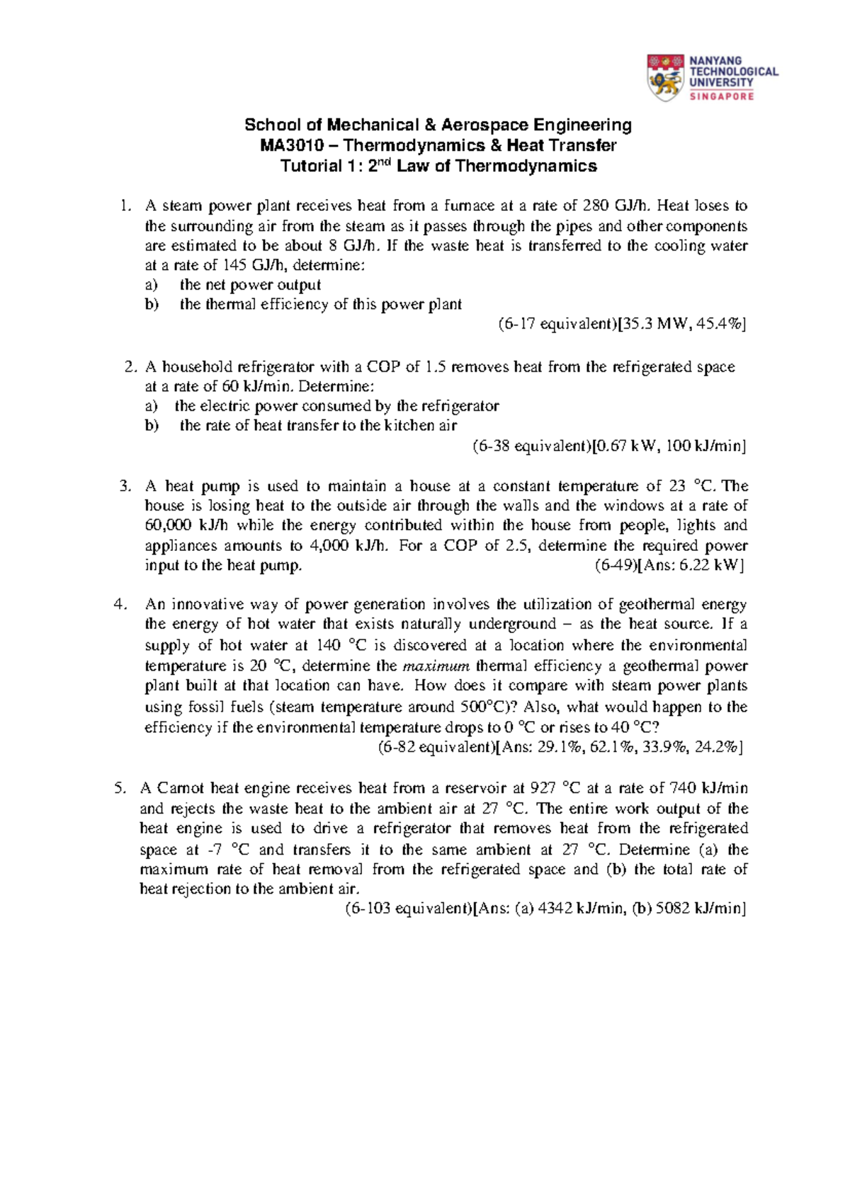 MA3010 Thermodynamics Tutorial 1: 2nd Law & Heat Transfer Analysis - Studocu