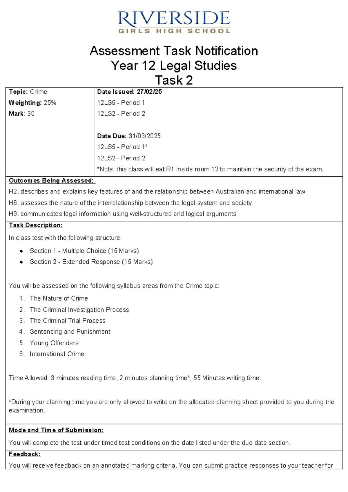 Year 12 Legal Studies Task 2: Crime Assessment Notification - Studocu