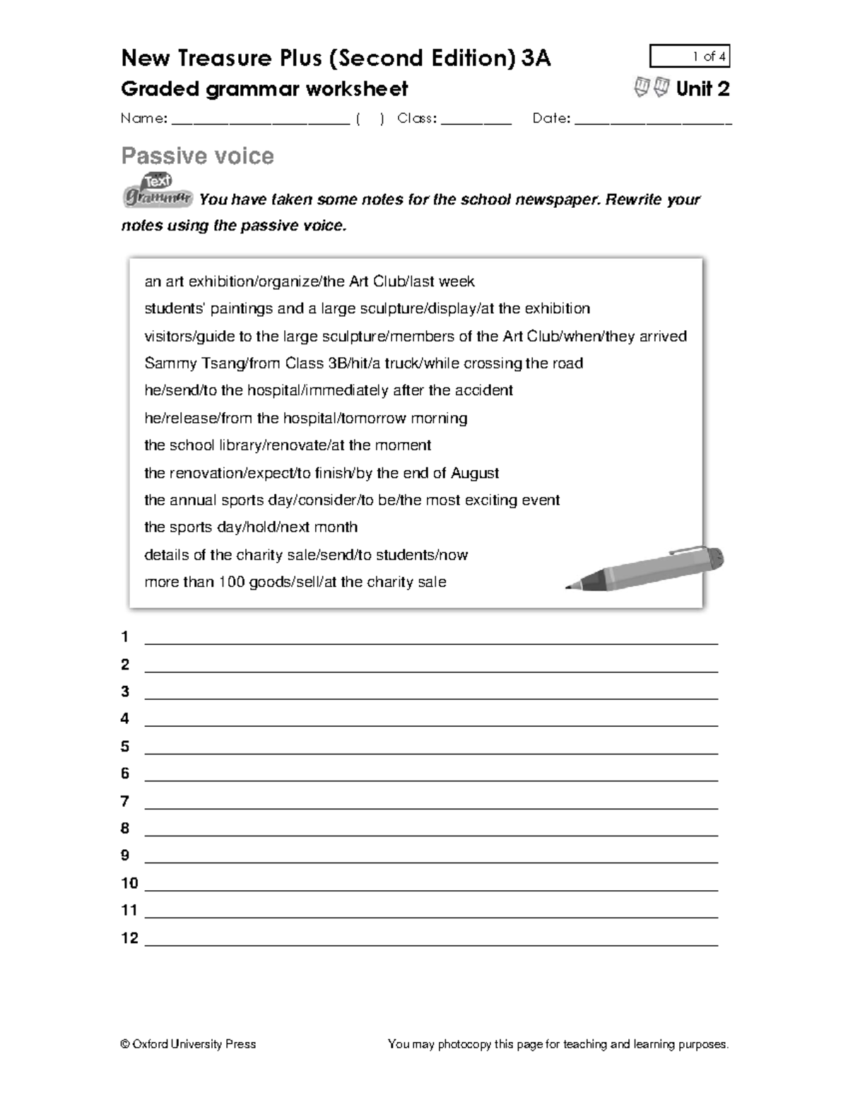 New Treasure Plus 3A Unit 2 Graded Grammar Worksheet - Passive Voice ...