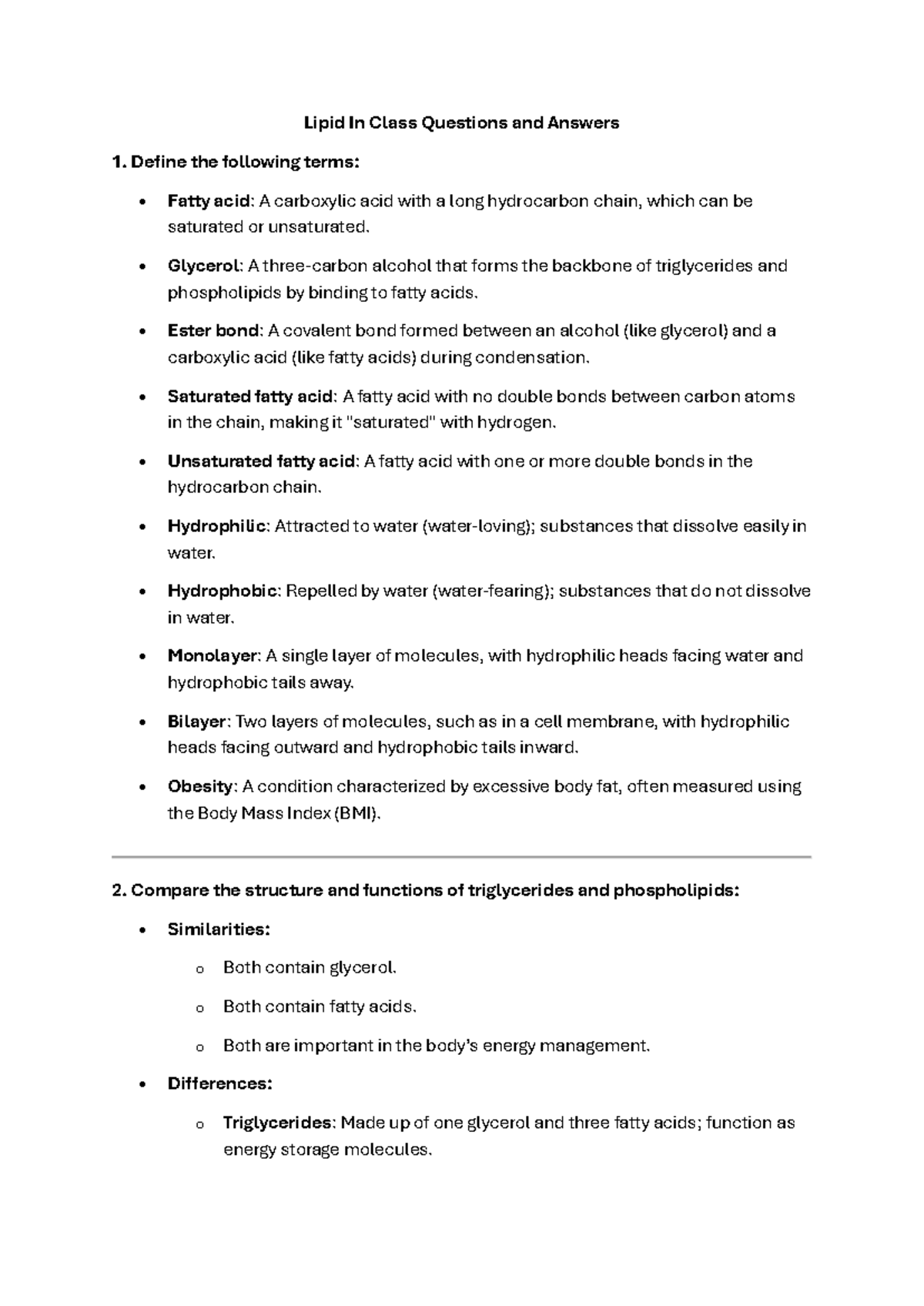 Lipid Class Q&A: Key Terms, Structures, and Functions - Studocu