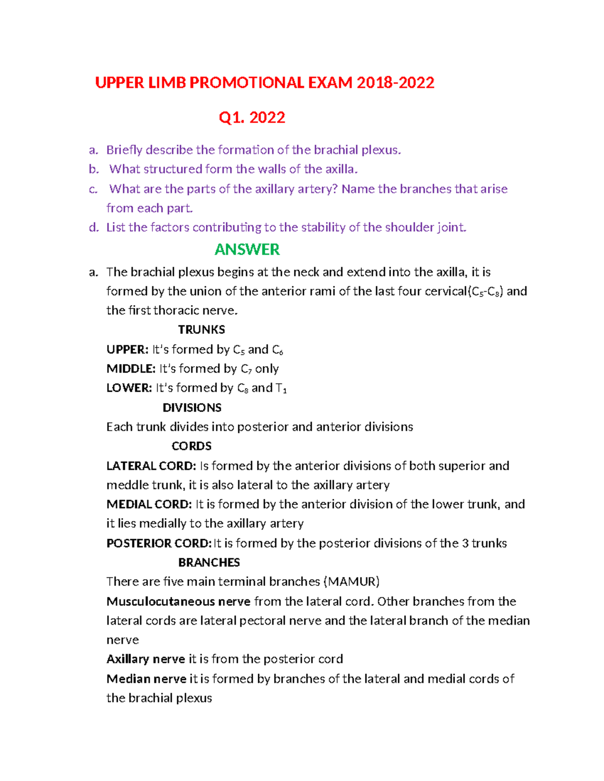 Upper Limb Promotional Exam Q1-Q4: 2018-2022 Insights - Studocu