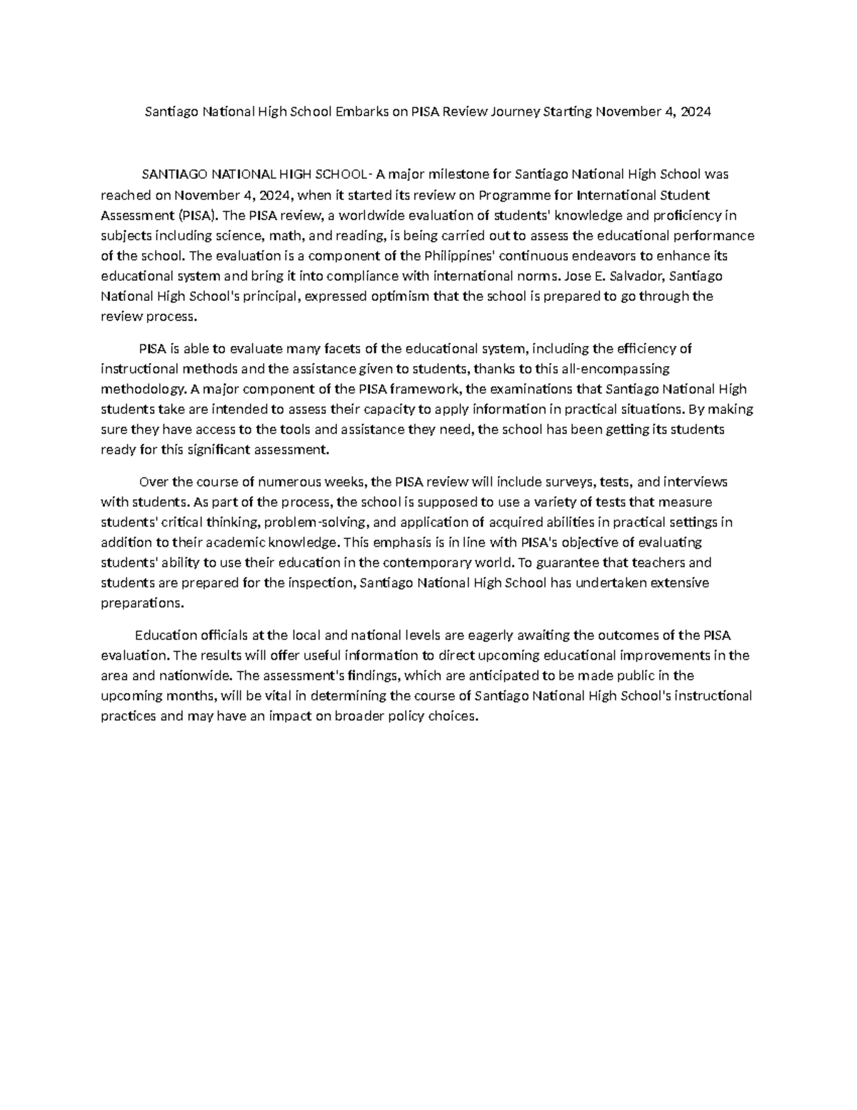 Santiago National High School's PISA Review Notes - Nov 2024 - Studocu
