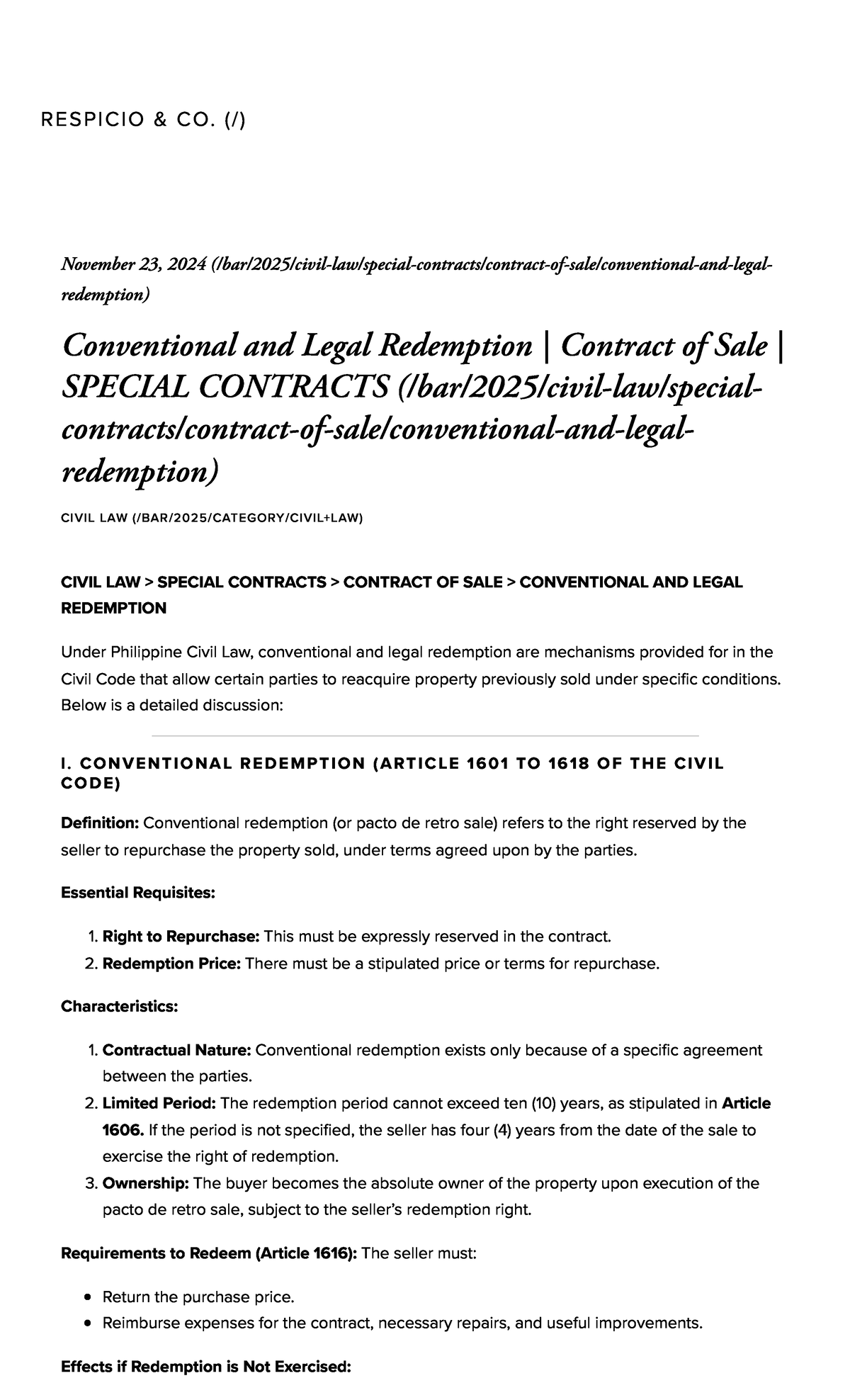 Conventional and Legal Redemption Contract of Sale Special Contracts ...