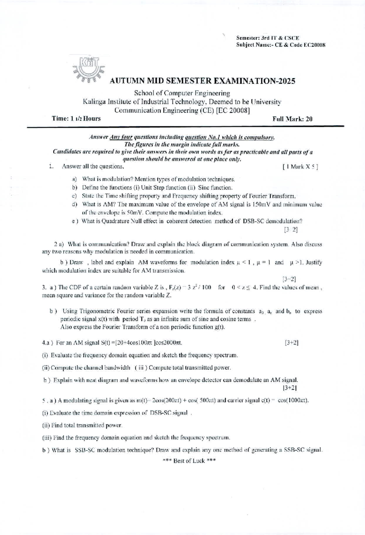 3rd Semester B.Tech CE EC2000 Autumn Mid Sem Exam 2025 Notes - Studocu