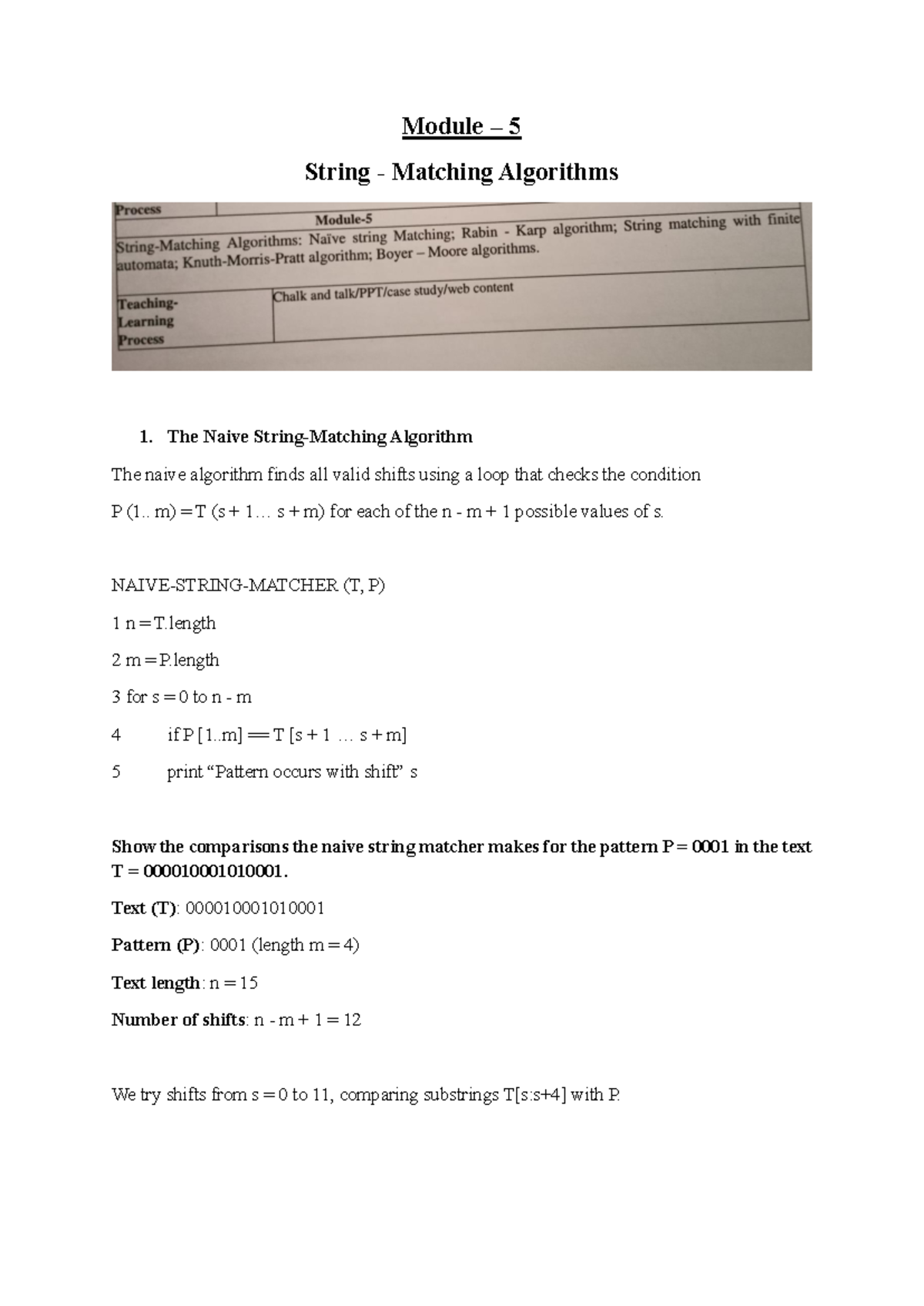 Dsa Module 5: String Matching Algorithms & Naive Method Analysis - Studocu
