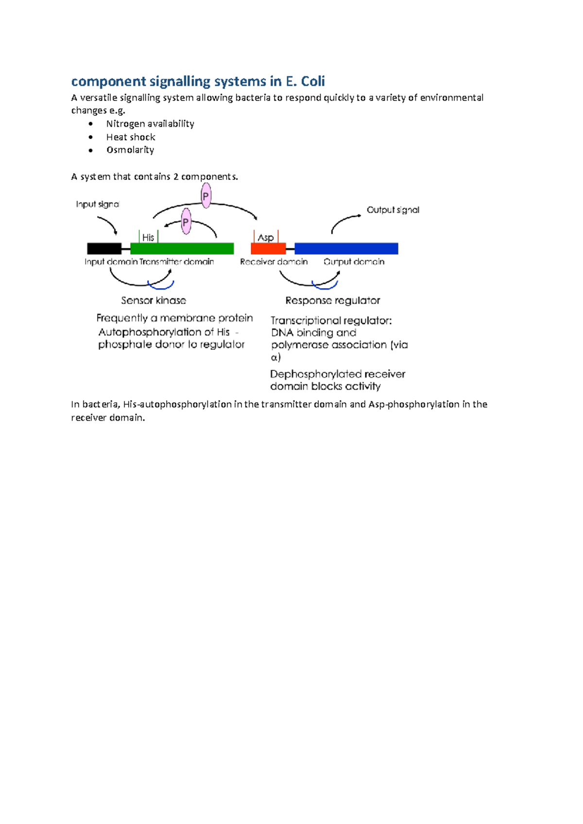 TCR Notes - BIOL21101 - component signalling systems in E. Coli A ...