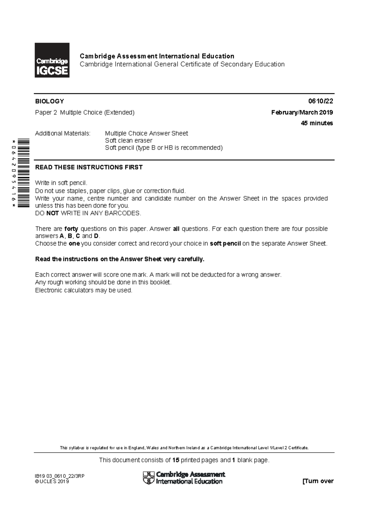 0610 BIOLOGY Paper 2 MCQ Practice Questions (2019) - Studocu
