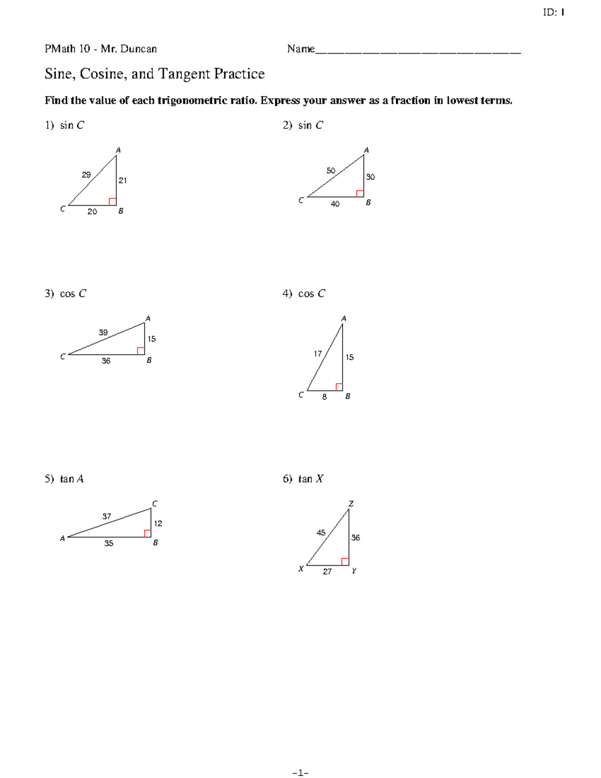 Sohcahtoa Trig Ratios Practice Worksheet - PMath 10 Final Exam - Studocu