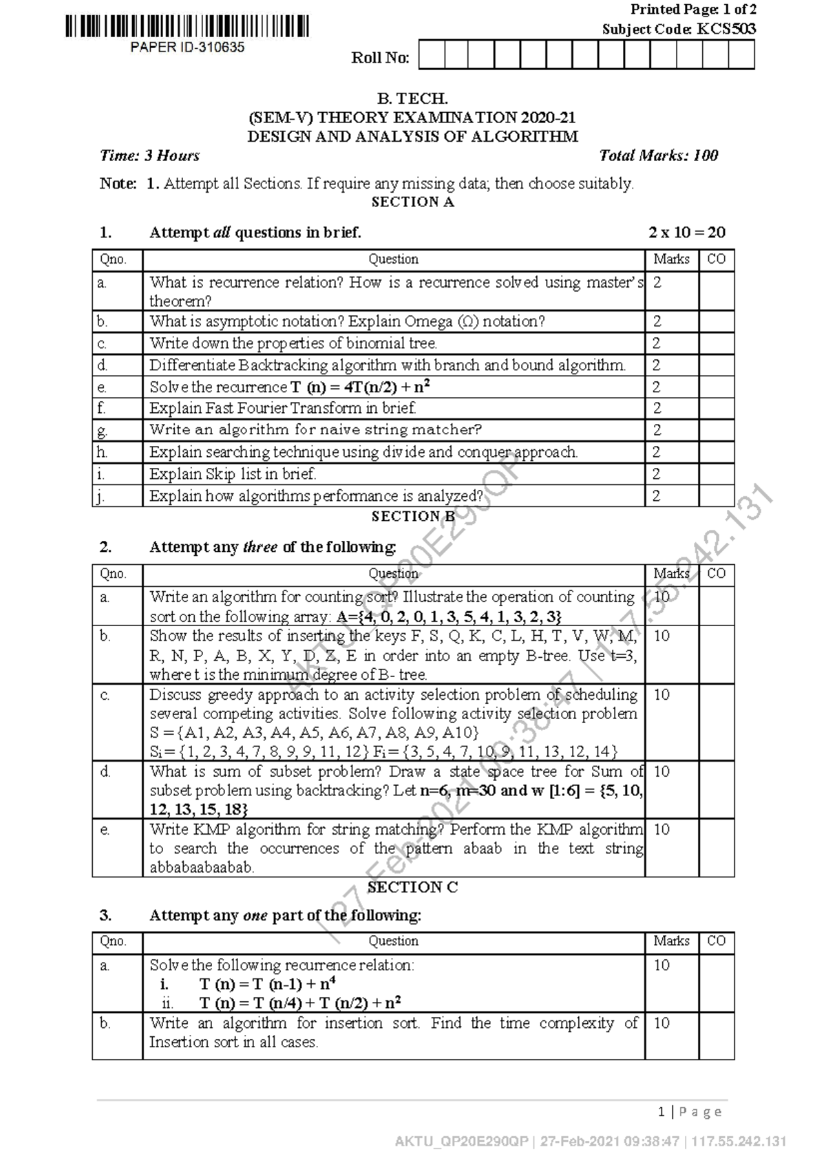 Design and Analysis of Algorithms - KCS 503 Exam Paper - Studocu