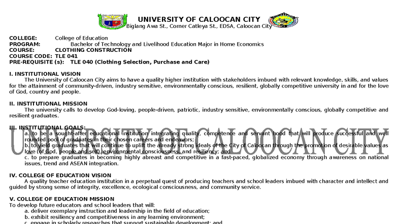 TLE 041 Clothing Construction Lecture Notes and Course Overview - Studocu