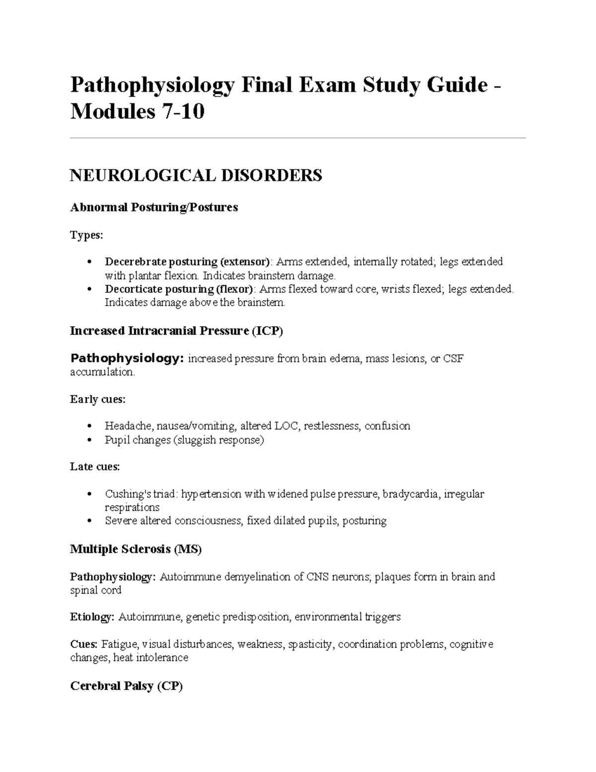 Pathophysiology Final Exam Study Guide: Neuro & Cardio Disorders - Studocu