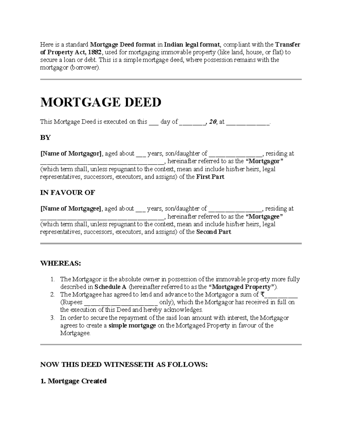 Mortgage Deed Format Compliant with Transfer of Property Act, 1882 ...