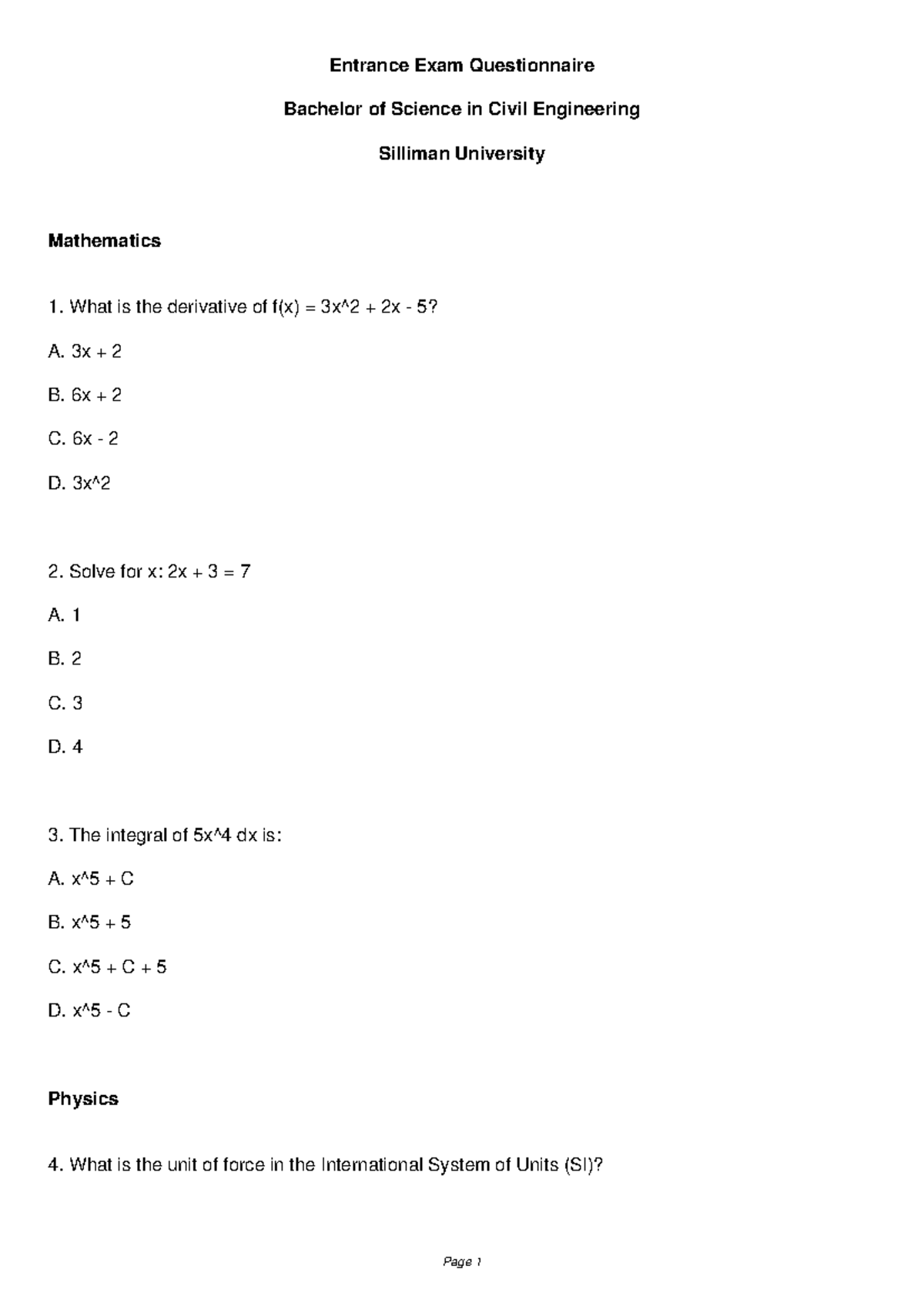 Entrance Exam for BS Civil Engineering at Silliman University - Studocu