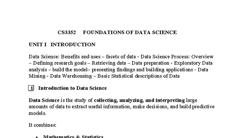 CS3352 FOUNDATIONS OF DATA SCIENCE UNIT I NOTES: INTRODUCTION & PROCESS ...
