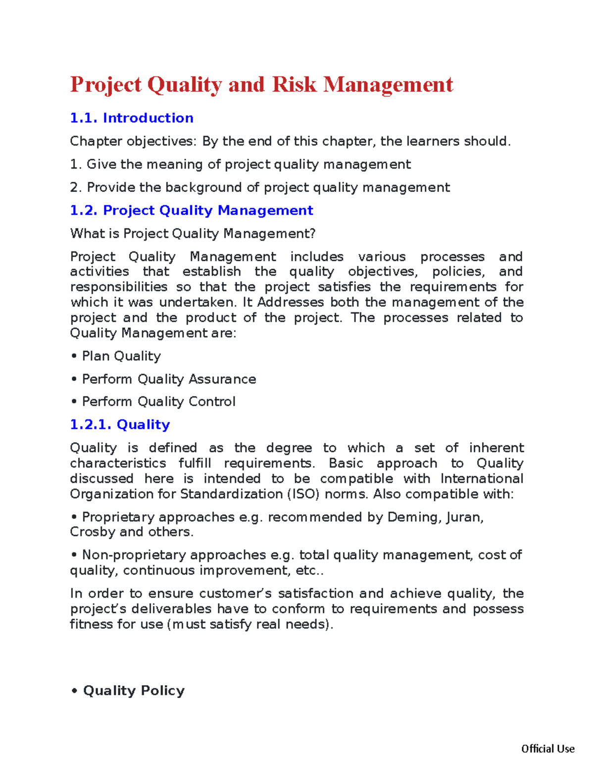 Project Quality and Risk Management: Key Concepts and Techniques - Studocu