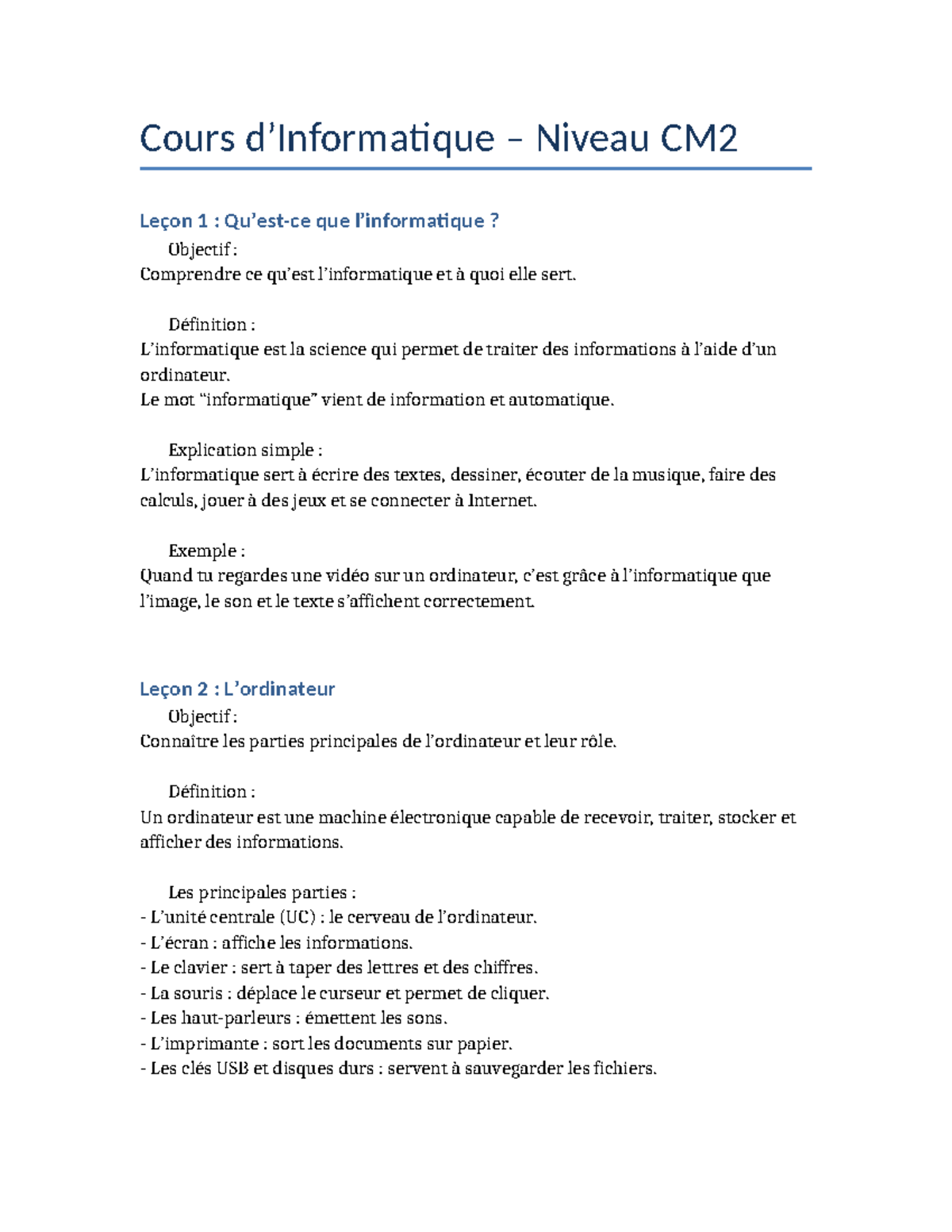 Cours Informatique CM2 : Leçons Complètes et Objectifs - Studocu