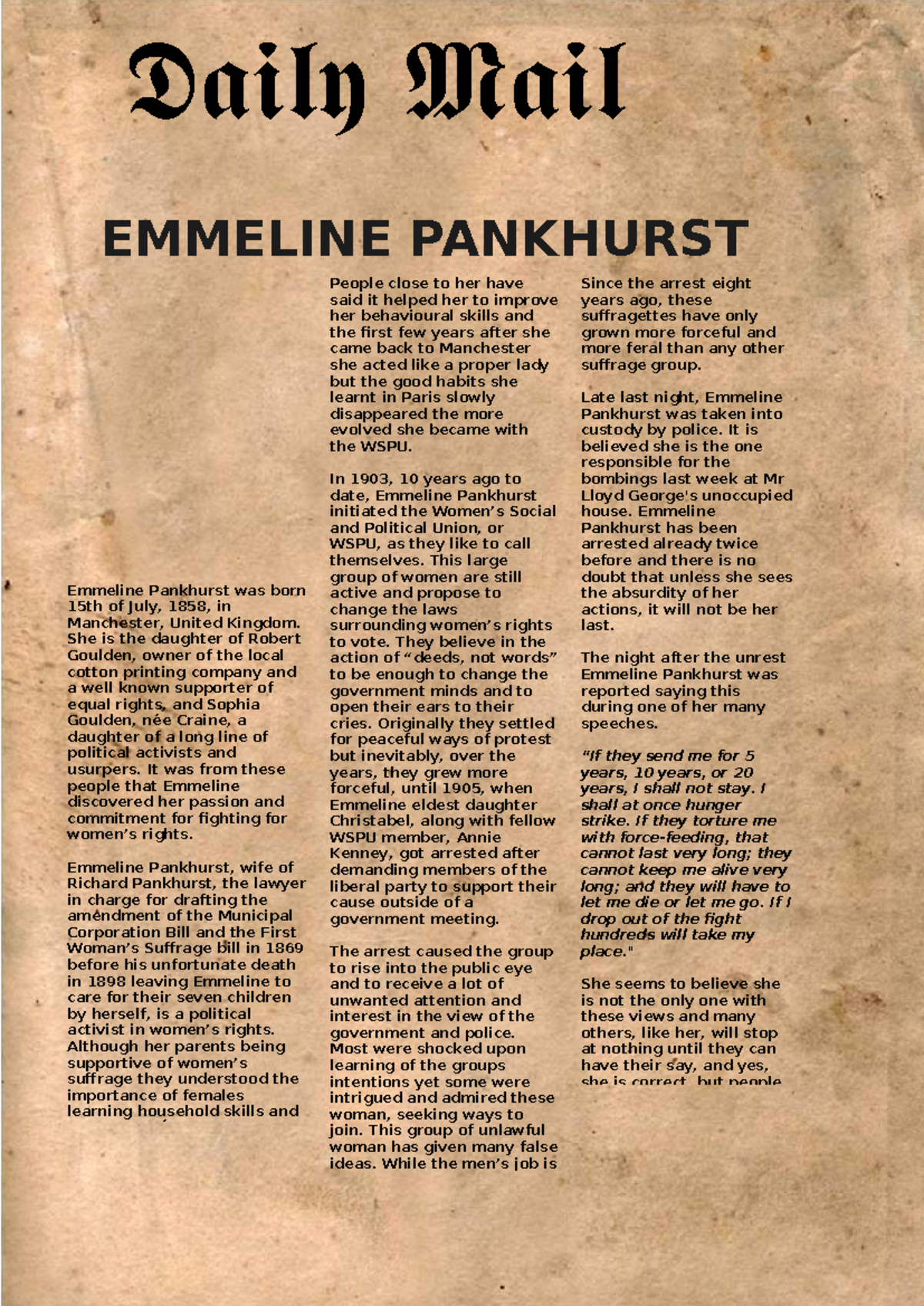 Emmeline Pankhurst: Daily Mail Coverage on Suffrage Activism - Studocu