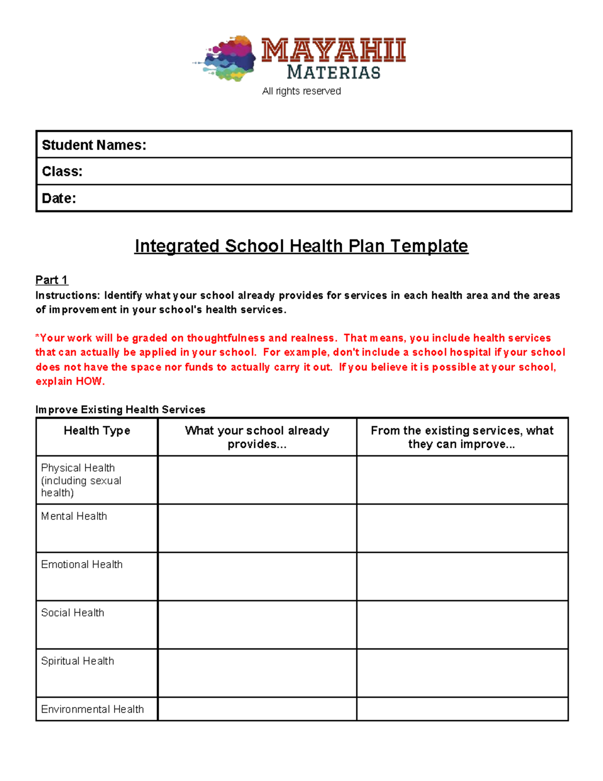 Integrated School Health Plan Template: Assessment & Improvement Guide ...