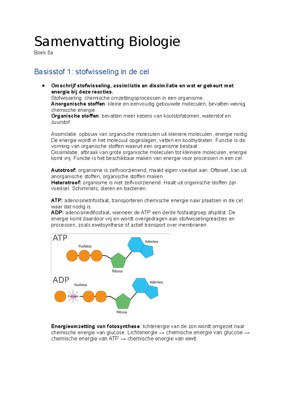 Biologie Samenvatting: Stofwisseling, Enzymen en Dissimilatie (5a ...