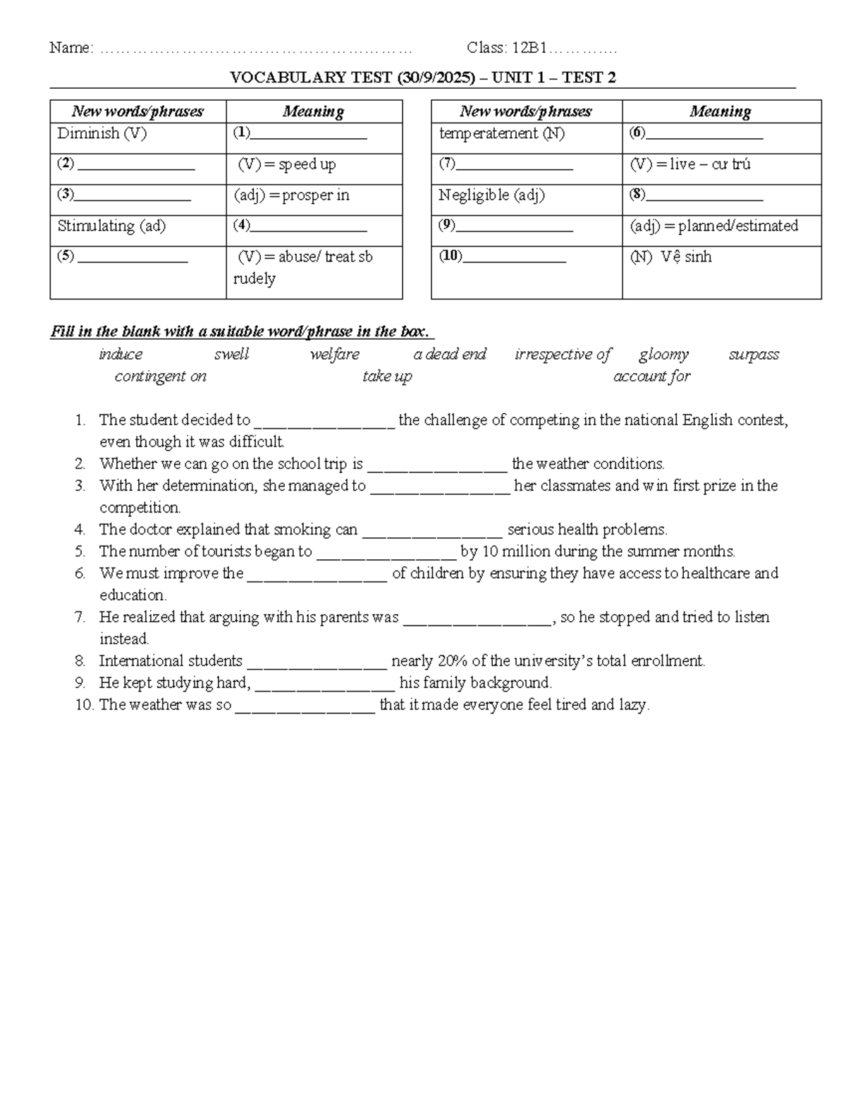 VOCABULARY TEST UNIT 1 - PRACTICE TEST 4 - Studocu