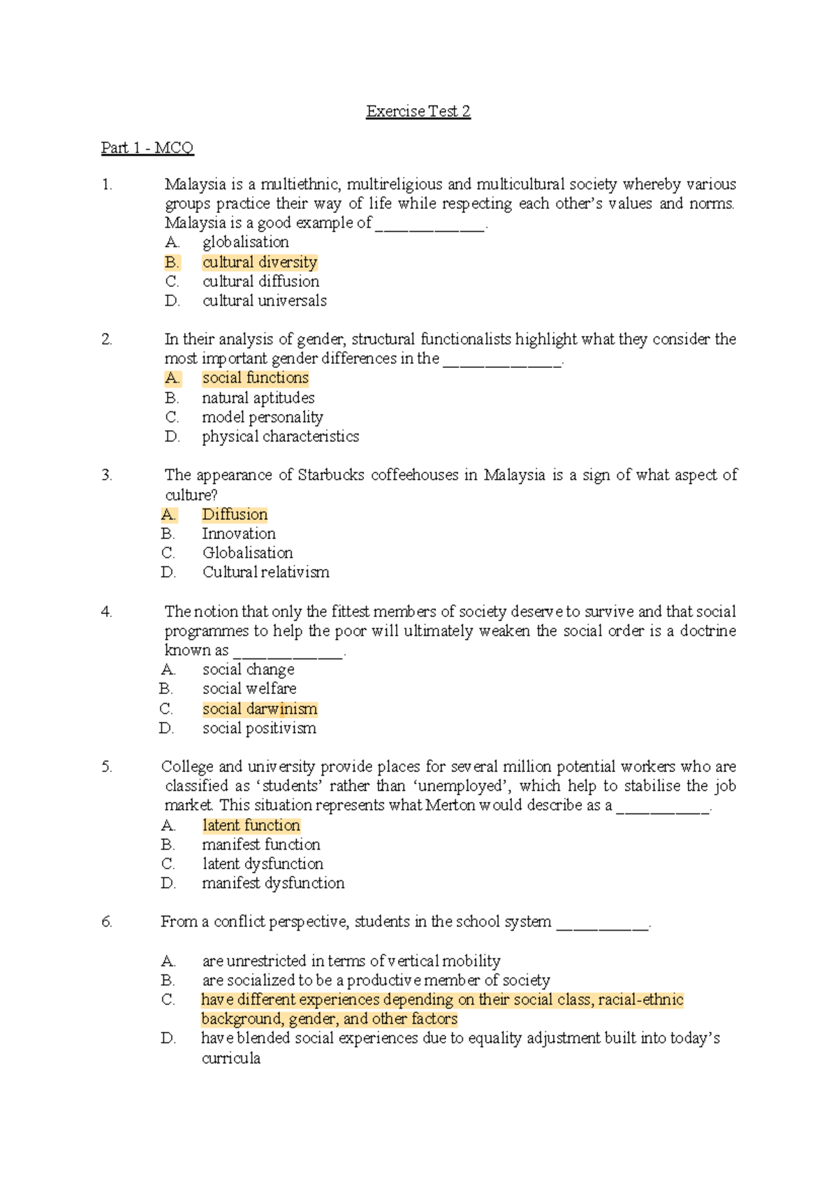 Exercise Test 2-1 MCQ Questions on Malaysian Society and Culture - Studocu