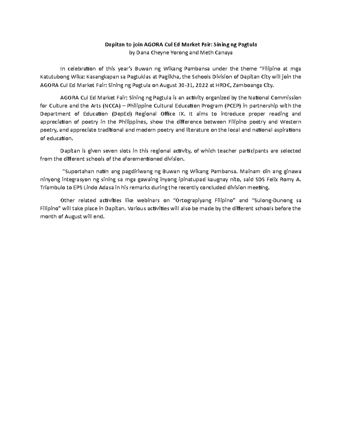 AGORA Cul Ed Market Fair: Sining ng Pagtula for Buwan ng Wika - Studocu