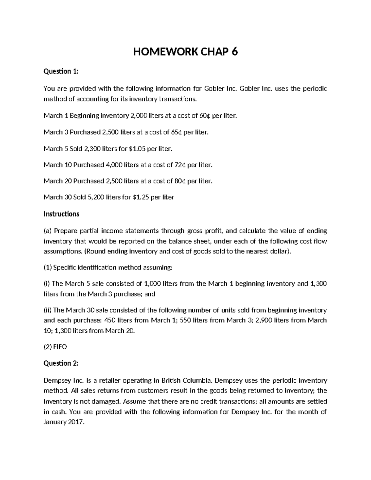 Homework CHAP 6: Inventory Accounting for Gobler & Dempsey Inc. - Studocu