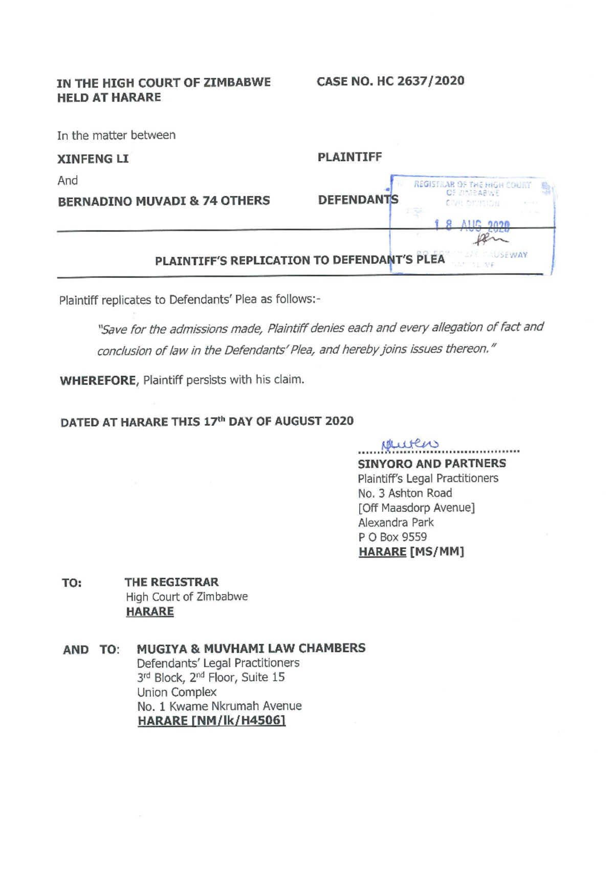 High Court Case No. HC 2637: Plaintiff's Replication to Defendants ...