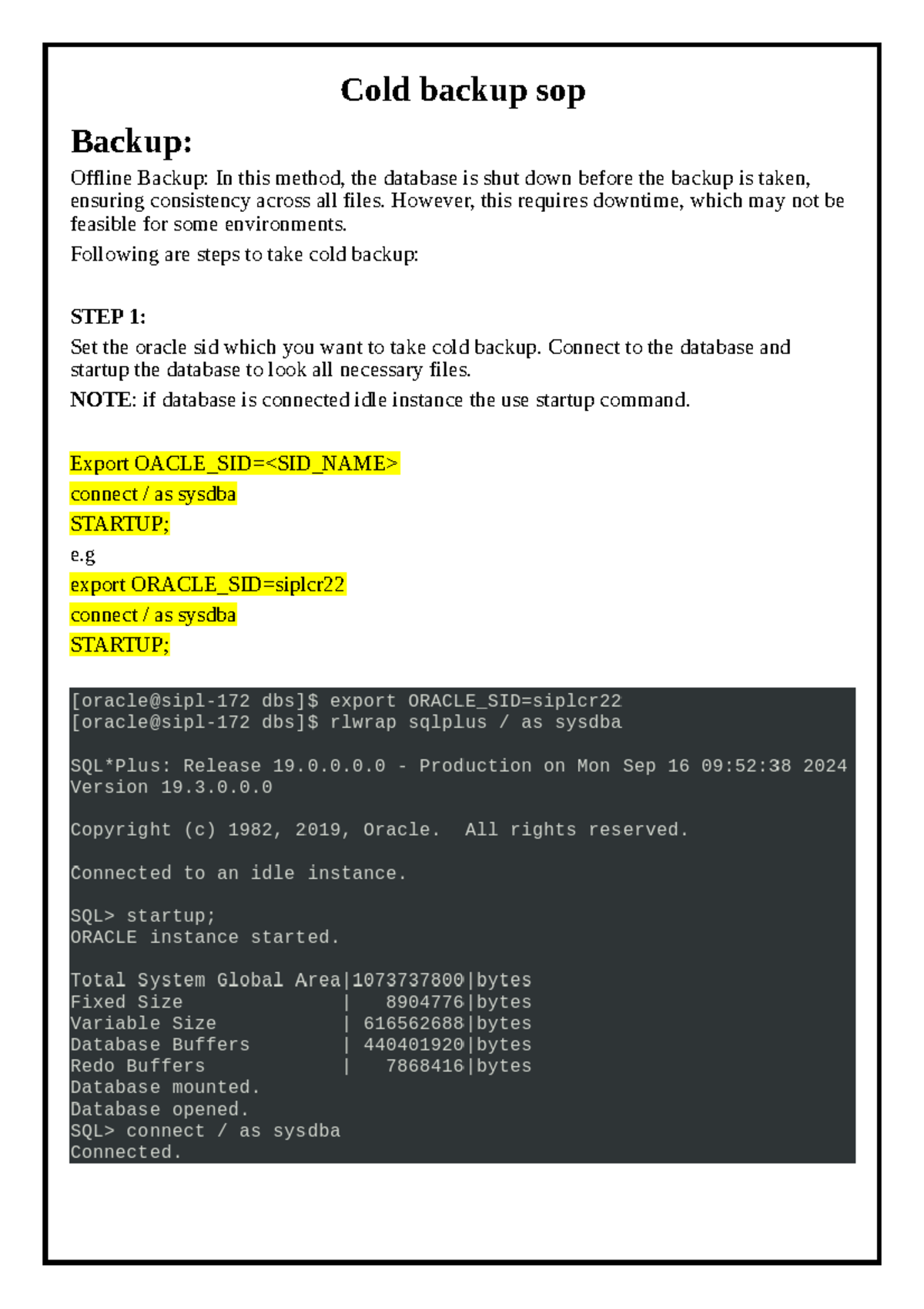 Cold Backup & Restore SOP for Oracle Database Configuration - Studocu