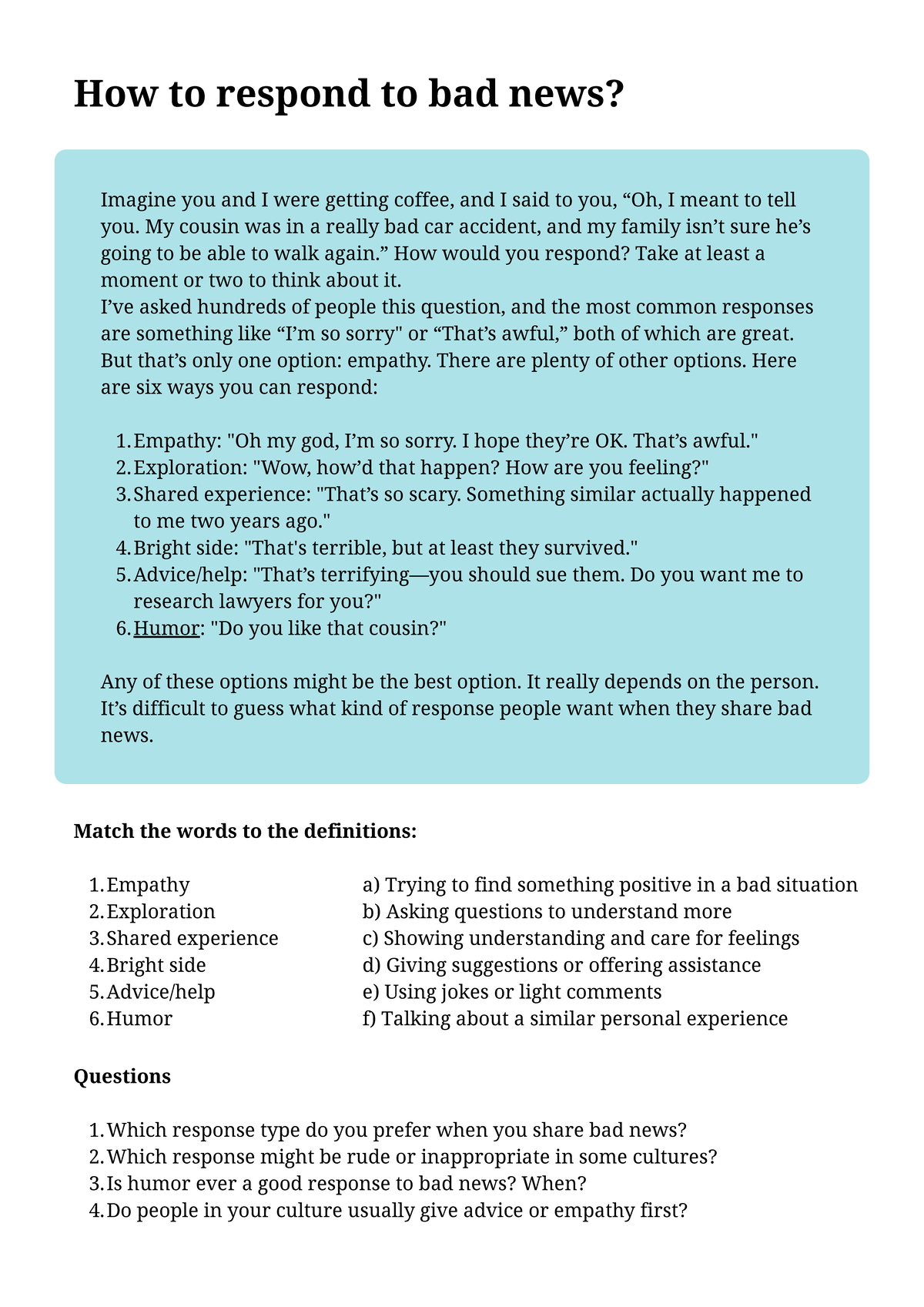 Bad News - Responding to Bad News Reading Guide - Studocu