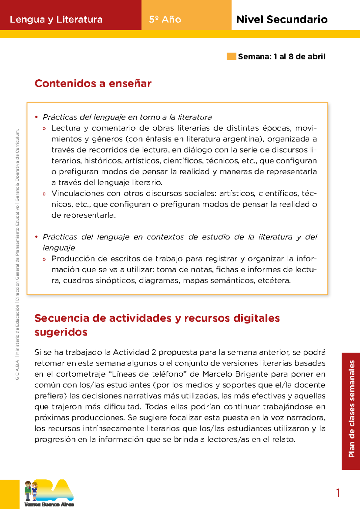 Lengua y Literatura 5º Año: Prácticas del Lenguaje (Semana 1-8 Abr ...