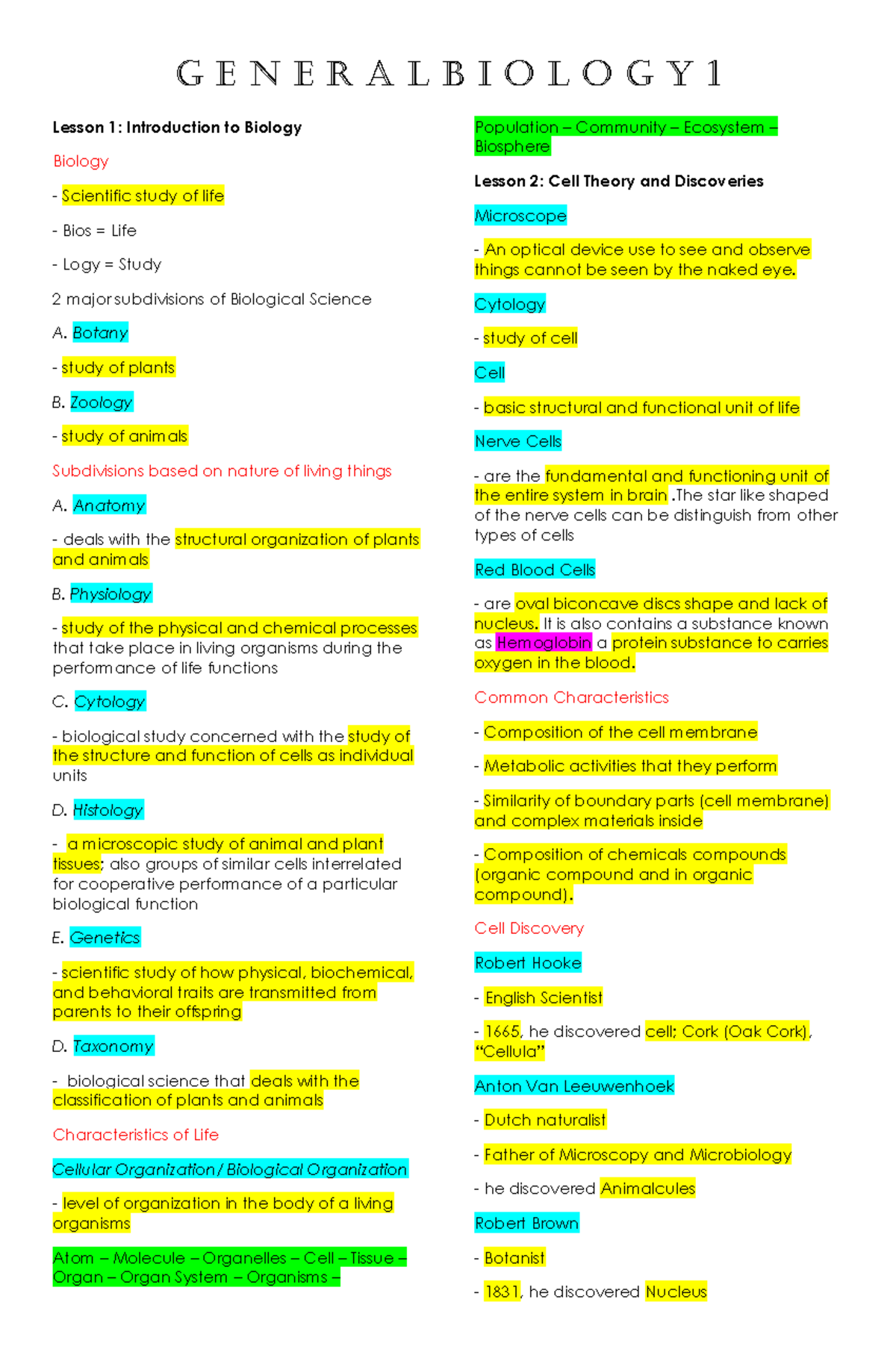 General Biology 1 reviewer - G E N E R A L B I O L O G Y 1 Lesson 1: Introduction to Biology ...