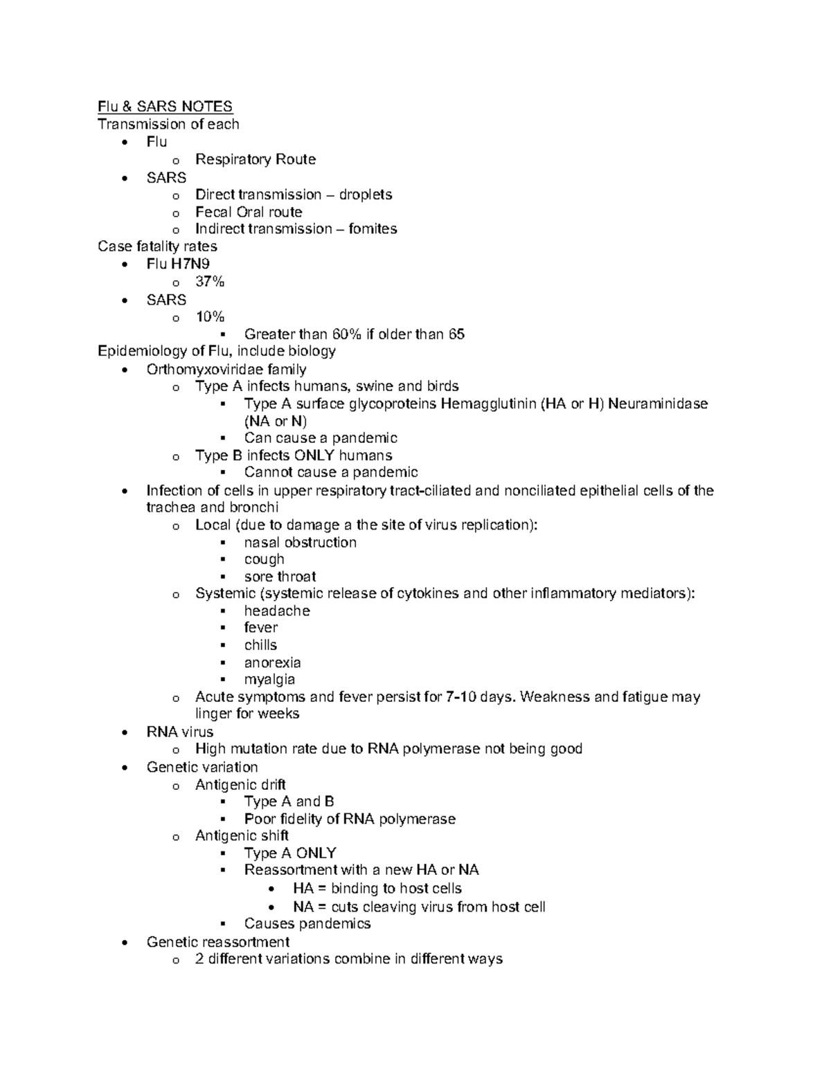 FLU and SARS review - Dr. Sweet PBHL 321 flu/sars lecture notes - Flu ...