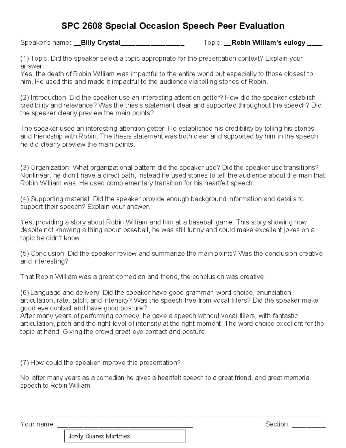 SPC 2608 Special Occasion Speech Peer Evaluation (2) - SPC 2608 Special ...