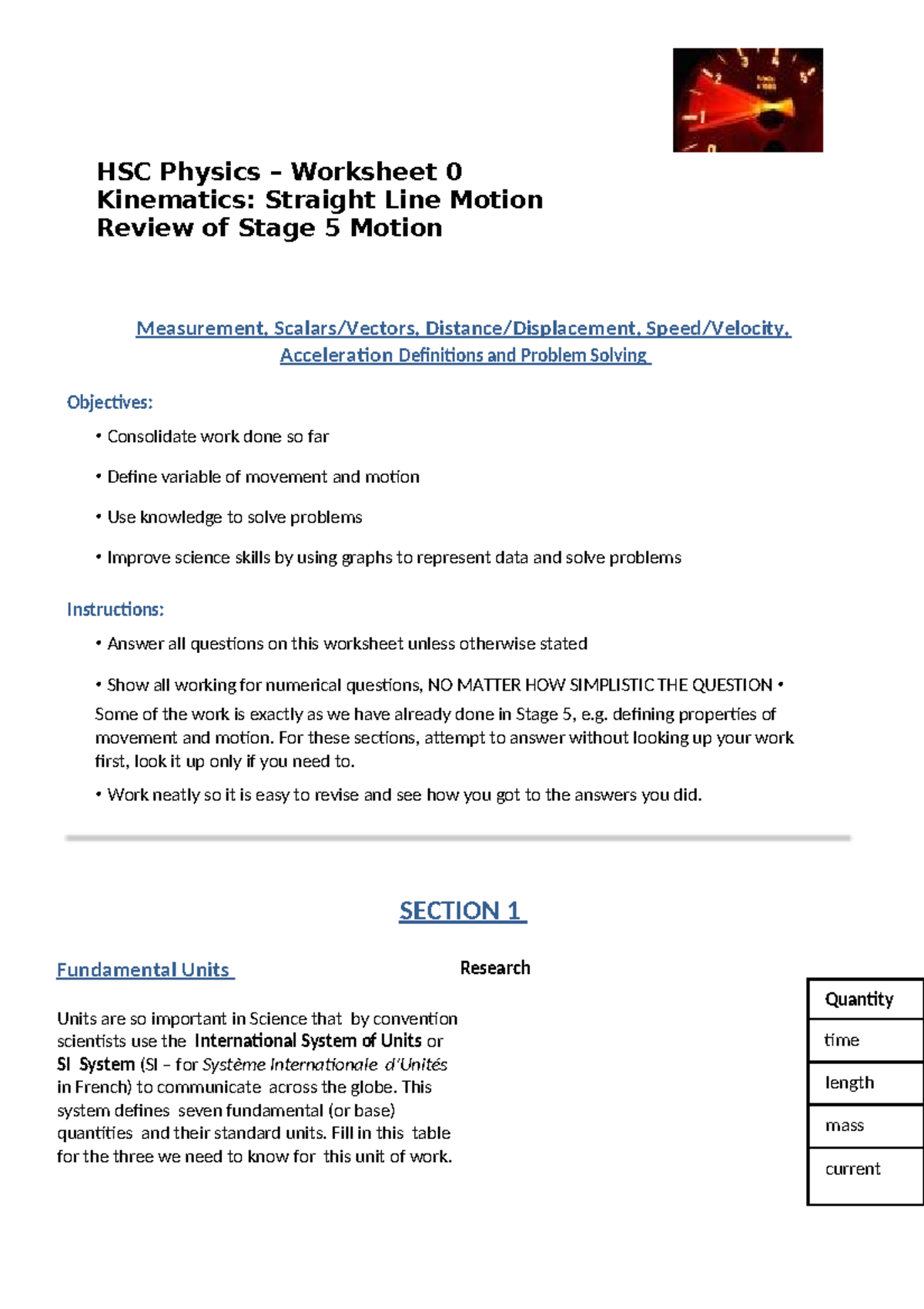 HSC Physics Worksheet: Kinematics & Motion Review for Stage 5 - Studocu