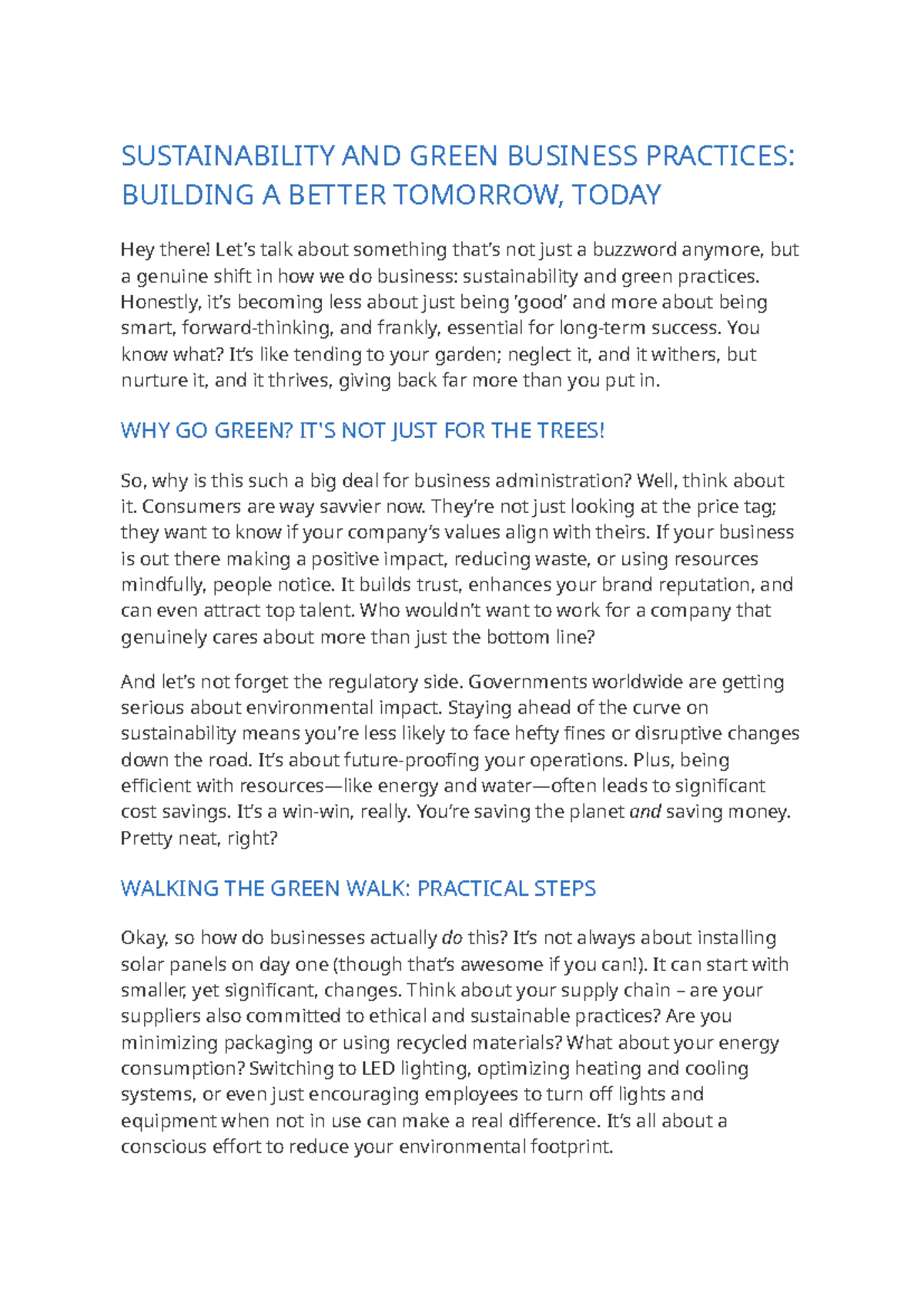 SUSTAINABILITY IN BUSINESS: PRACTICES FOR A GREENER FUTURE - Studocu