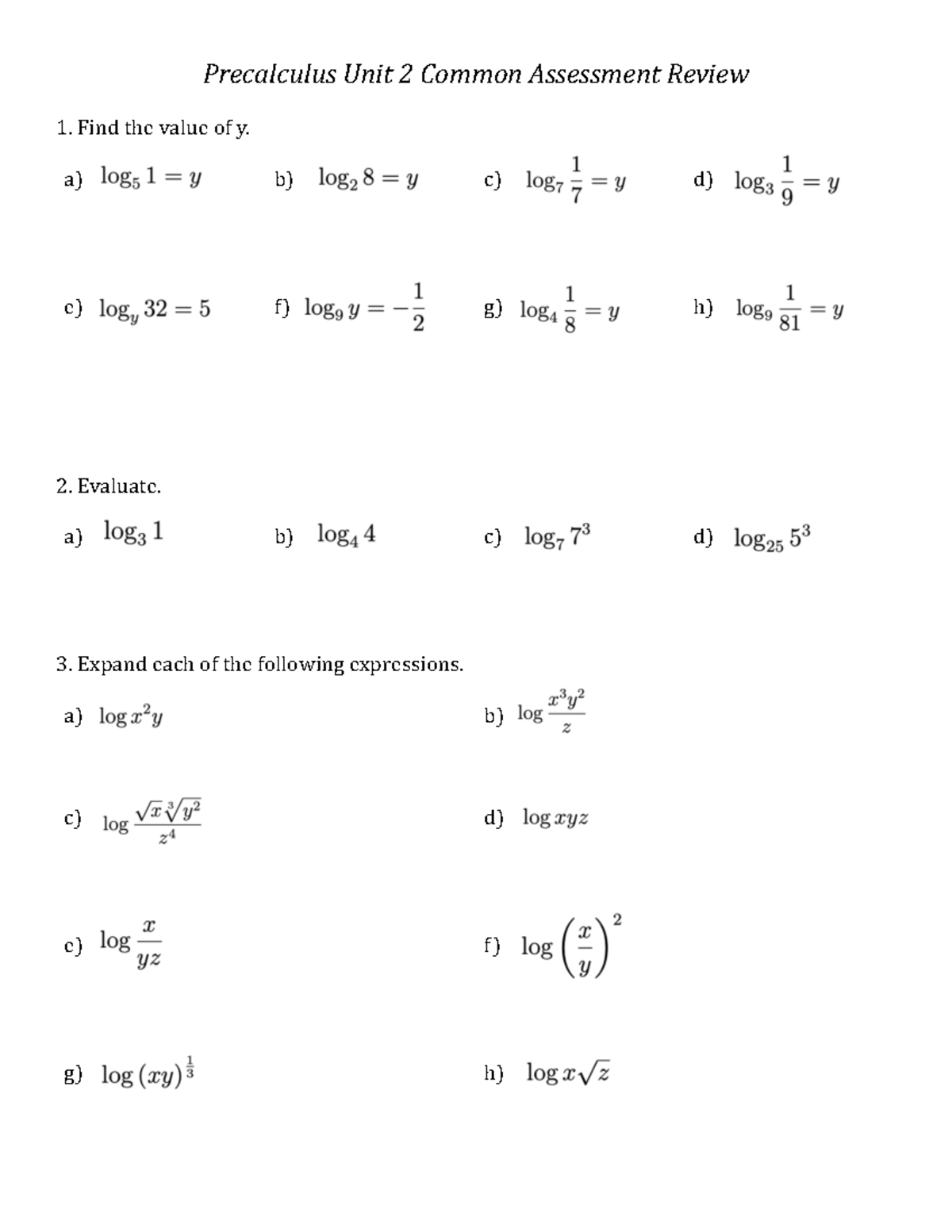 Precalculus Unit 2 Common Assessment Review - a) b) c) d) e) f) g) h ...