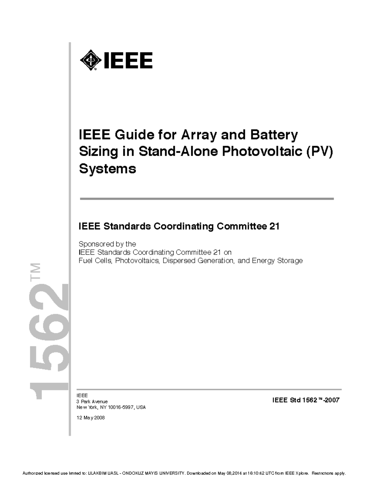 IEEE Std 1562™-2007 - Guide for Sizing PV Arrays & Batteries - Studocu