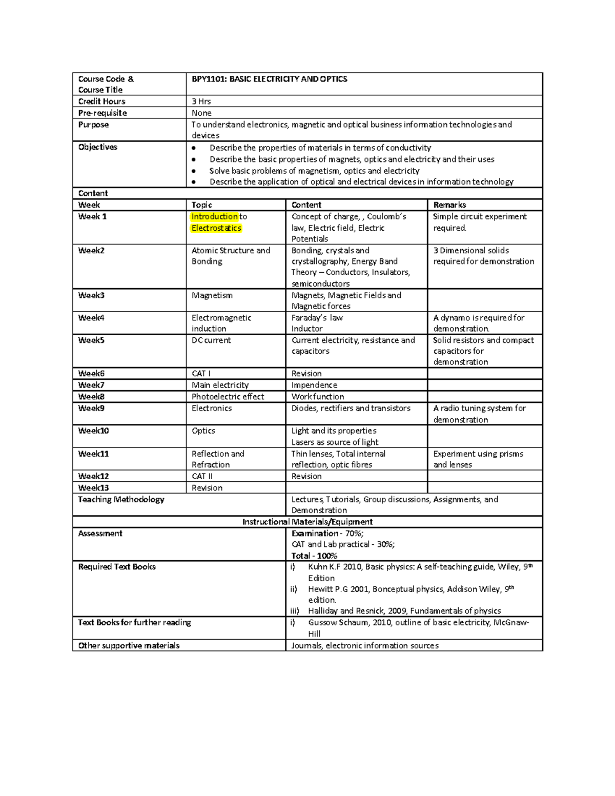 BPY1101 Course Outline: Basic Electricity and Optics Overview - Studocu