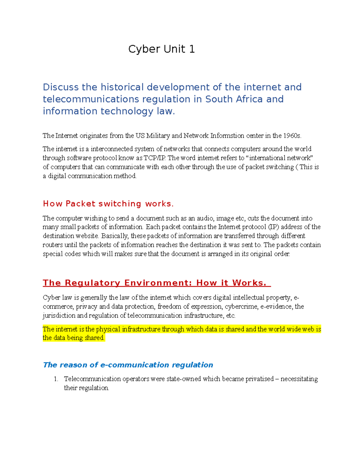 Cyber Unit 1 - Historical Development of Internet & Telecom Regulation ...