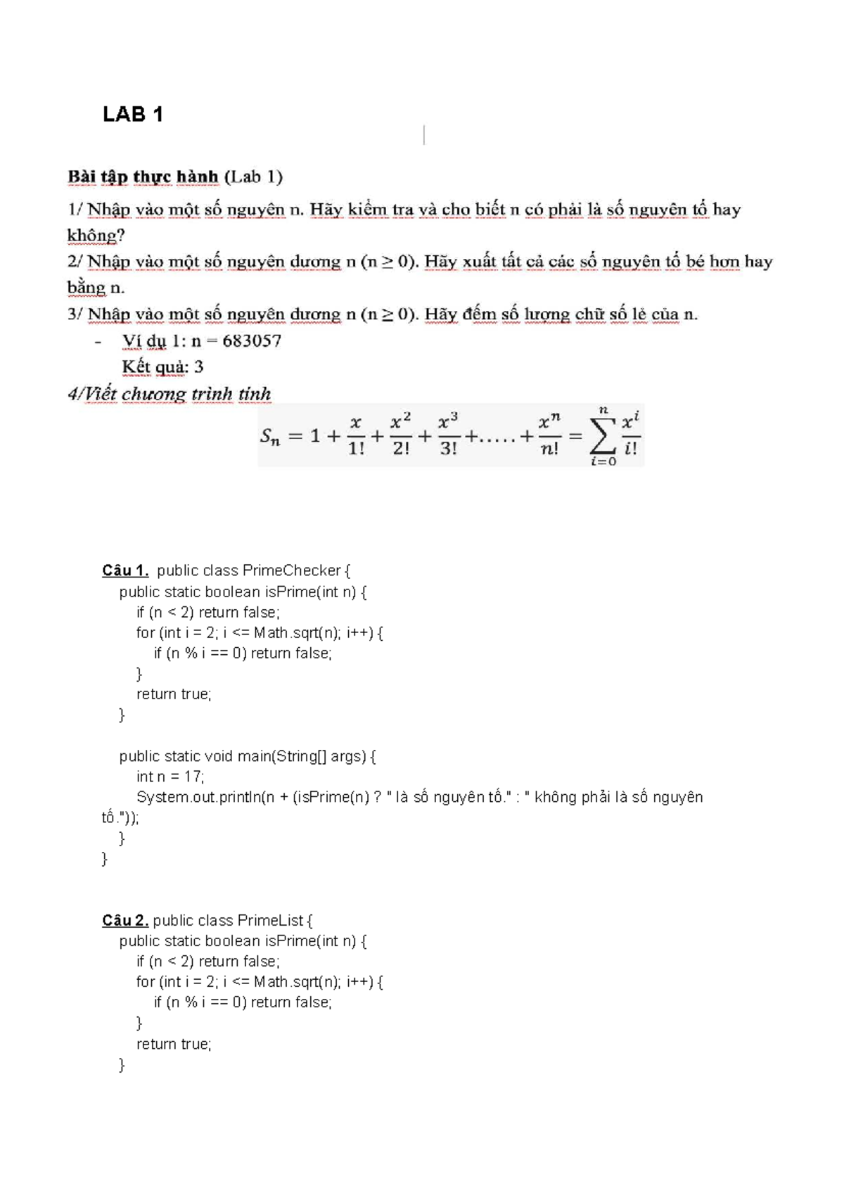 LAB 1: Java Programming Exercises on Prime Numbers and Series - Studocu