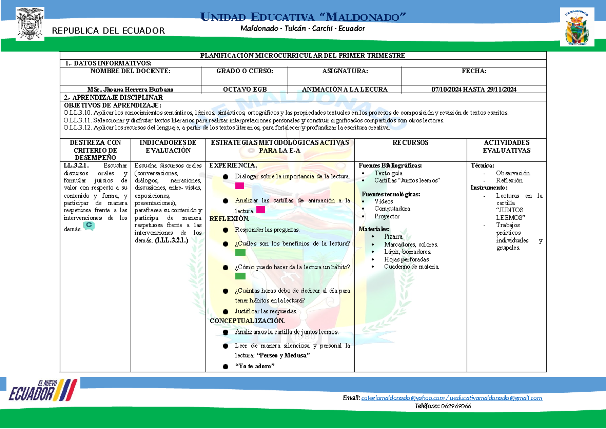 Planificación Microcurricular de Animación a la Lectura - 8° EGB - Studocu