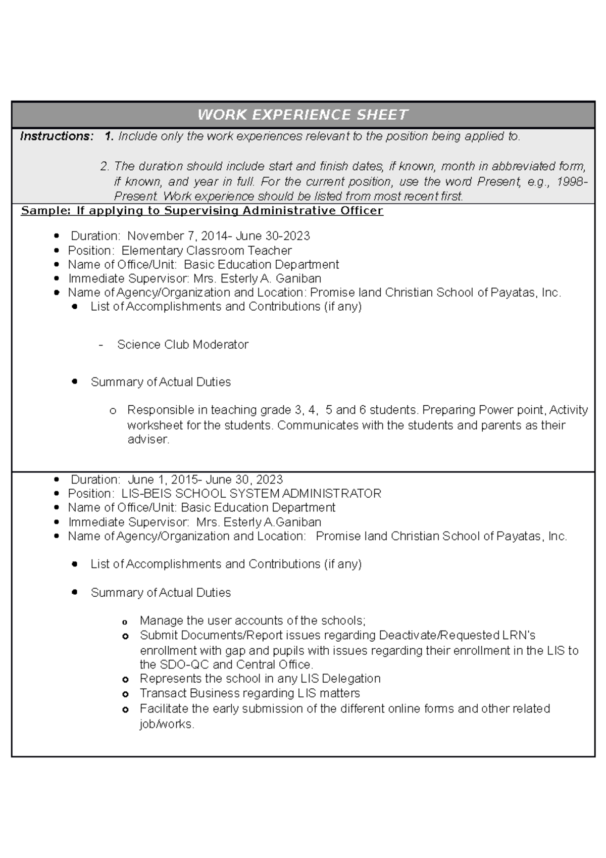 WORK Experience Sheet for Job Applications and Relevant Positions - Studocu